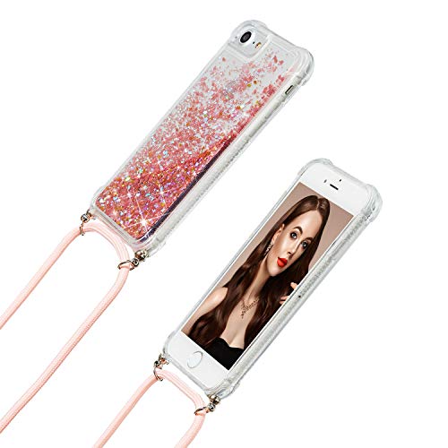 SUPWALL Crossbody Case Designed for iPhone 6/7/8/SE 2020/SE 2022 | Neck Cord Phone Cases with Adjustable Lanyard Strap | Clear Glitter Sparkle Anti-Scratch Shockproof Protective Cover | Rose Gold