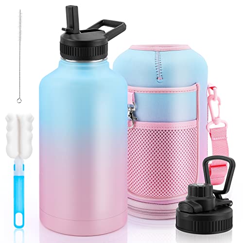 BicycleStore 64 OZ Insulated Water Bottle with Straw and Strap, Half Gallon Stainless Steel Water Bottle Leak Proof Double Vacuum Metal Water Jug Giant Water Flask with 2 Lid for Travel Runing Fitness