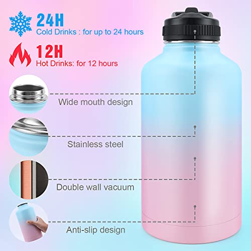 BicycleStore 64 OZ Insulated Water Bottle with Straw and Strap, Half Gallon Stainless Steel Water Bottle Leak Proof Double Vacuum Metal Water Jug Giant Water Flask with 2 Lid for Travel Runing Fitness