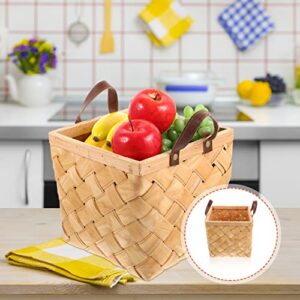 Rattan Picnic Basket Natural Woven Woodchip Baskets with Leather Handle Wicker Laundry Hamper Seagrass Storage Bin Container for Fruit Vegetable 24cm