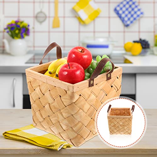 Rattan Picnic Basket Natural Woven Woodchip Baskets with Leather Handle Wicker Laundry Hamper Seagrass Storage Bin Container for Fruit Vegetable 24cm