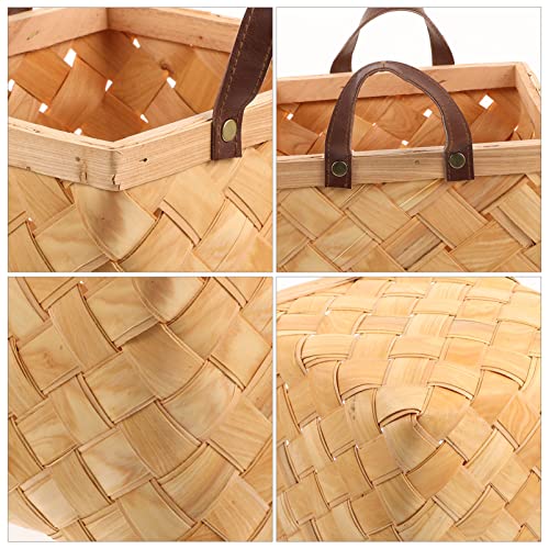 Rattan Picnic Basket Natural Woven Woodchip Baskets with Leather Handle Wicker Laundry Hamper Seagrass Storage Bin Container for Fruit Vegetable 24cm