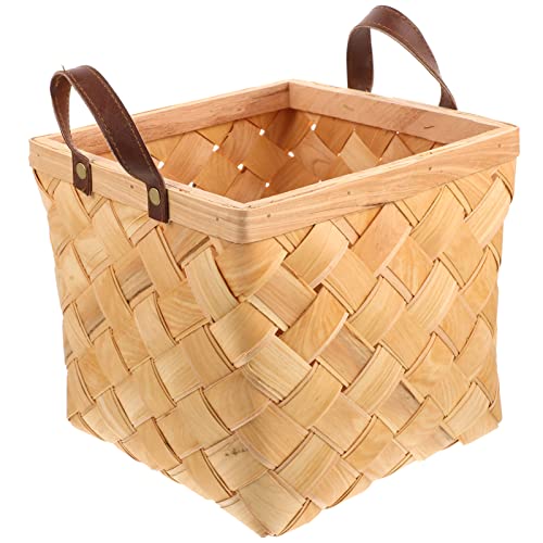 Rattan Picnic Basket Natural Woven Woodchip Baskets with Leather Handle Wicker Laundry Hamper Seagrass Storage Bin Container for Fruit Vegetable 24cm