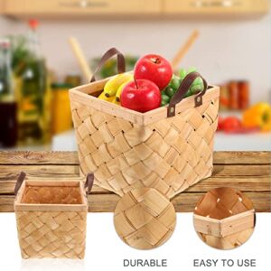 Rattan Picnic Basket Natural Woven Woodchip Baskets with Leather Handle Wicker Laundry Hamper Seagrass Storage Bin Container for Fruit Vegetable 24cm