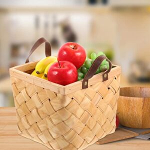 Rattan Picnic Basket Natural Woven Woodchip Baskets with Leather Handle Wicker Laundry Hamper Seagrass Storage Bin Container for Fruit Vegetable 24cm