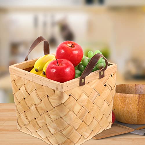 Rattan Picnic Basket Natural Woven Woodchip Baskets with Leather Handle Wicker Laundry Hamper Seagrass Storage Bin Container for Fruit Vegetable 24cm