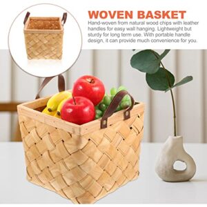 Rattan Picnic Basket Natural Woven Woodchip Baskets with Leather Handle Wicker Laundry Hamper Seagrass Storage Bin Container for Fruit Vegetable 24cm