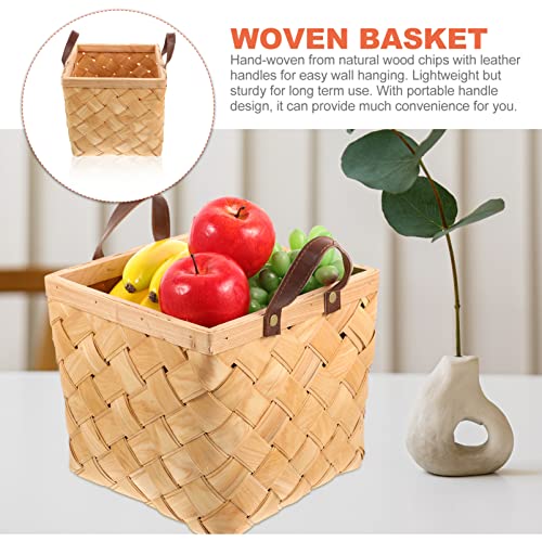 Rattan Picnic Basket Natural Woven Woodchip Baskets with Leather Handle Wicker Laundry Hamper Seagrass Storage Bin Container for Fruit Vegetable 24cm