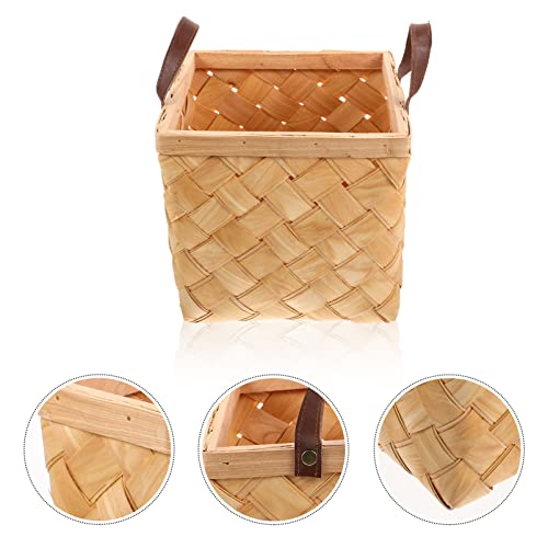 Rattan Picnic Basket Natural Woven Woodchip Baskets with Leather Handle Wicker Laundry Hamper Seagrass Storage Bin Container for Fruit Vegetable 24cm