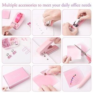 Pink Desk Accessory Kit Cute Office Supplies Set Desktop Stapler Set Includes Staple Remover Hole Punch Tape Dispenser Ballpoint Pen Scissor Mini Box Cutter Tape Measure Paper Clips Sticky Notes