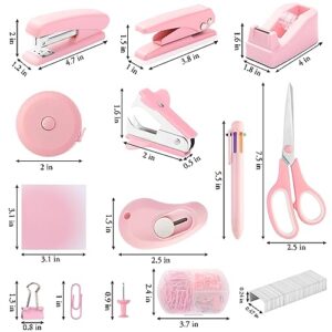 Pink Desk Accessory Kit Cute Office Supplies Set Desktop Stapler Set Includes Staple Remover Hole Punch Tape Dispenser Ballpoint Pen Scissor Mini Box Cutter Tape Measure Paper Clips Sticky Notes