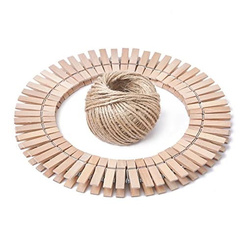 HSTECH 100 Pcs Mini Natural Wooden Clothespins and 82 Ft Jute Twine, Baby Clothes Pins, 3.5 cm Craft Photo Clips for Home School Arts Crafts Decor, DIY Decoration's, Arts and Crafts, Weddings