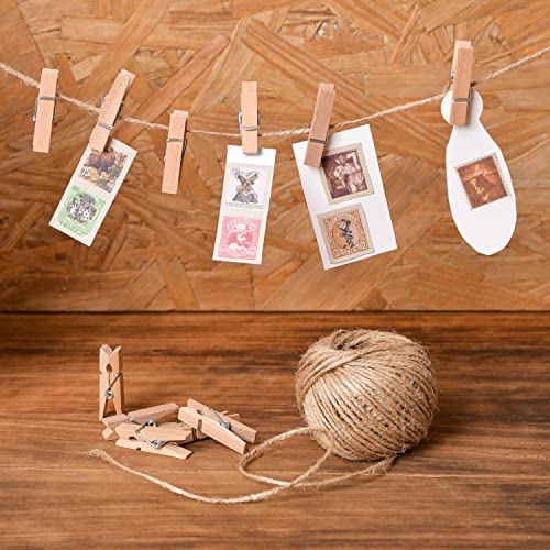 HSTECH 100 Pcs Mini Natural Wooden Clothespins and 82 Ft Jute Twine, Baby Clothes Pins, 3.5 cm Craft Photo Clips for Home School Arts Crafts Decor, DIY Decoration's, Arts and Crafts, Weddings