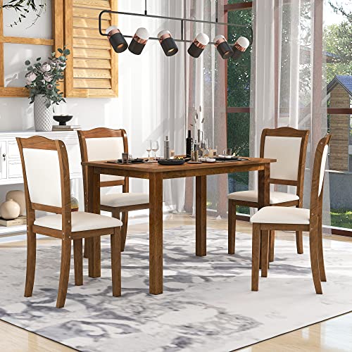 Merax Dining Table Set for 4, 5 Piece Industrial Wooden Table with 4 Thickly Padded Chairs, Wood Dining Table and Chair Set for Dining Room, Pub, and Bistro (Walnut)