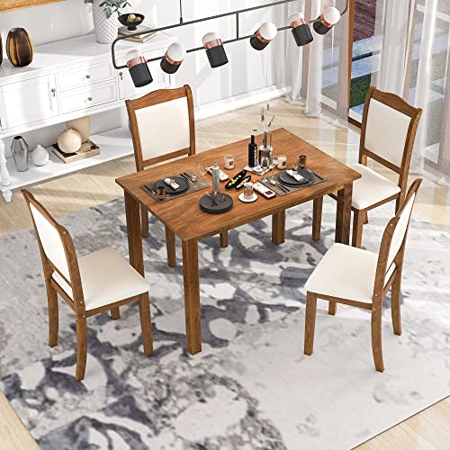 Merax Dining Table Set for 4, 5 Piece Industrial Wooden Table with 4 Thickly Padded Chairs, Wood Dining Table and Chair Set for Dining Room, Pub, and Bistro (Walnut)