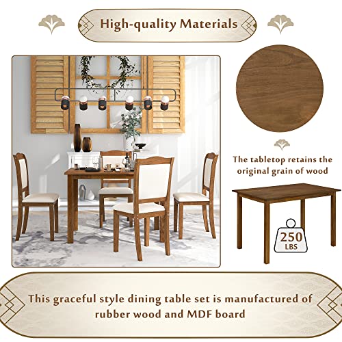 Merax Dining Table Set for 4, 5 Piece Industrial Wooden Table with 4 Thickly Padded Chairs, Wood Dining Table and Chair Set for Dining Room, Pub, and Bistro (Walnut)