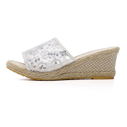 Women Slippers Platform Wedge Slippers Versatile Sequin Mesh Breathable Wedge Fuzzy Bunny Slippers Women