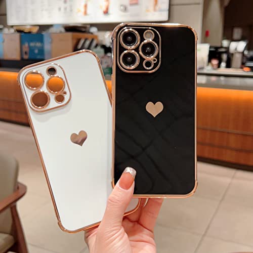 imluckies Compatible with iPhone 14 Pro Max Case, Shockproof TPU Cover with Luxury Gold Plating Edge & Love Heart Pattern, Full Camera Protection Case for Women Girls 6.7" (2022), Black