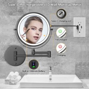 Rocollos Rechargeable Lighted Makeup Mirror, Vanity Mirror with 3 Color Lights, Dimmable Touch Screen,8 Inch LED Double Sided 1X/10X Magnifying 360°Swivel Shaving Mirror 13 Inch Extendable (Black)