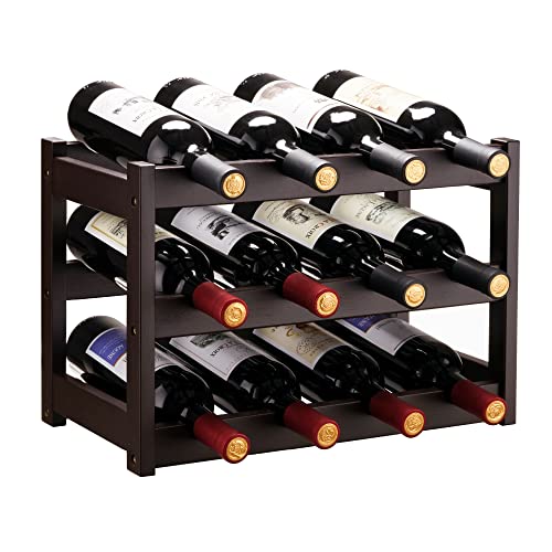 VASMIA Bamboo Wine Rack, Sturdy and Durable Wine Storage Cabinet Shelf, Wine Racks Countertop for Pantry,Kitchen,3-Tier 12 Bottles Wine Rack Brown