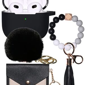 4-in-1 for AirPods 3 Case Cover Accessories Set Kit, Cute for AirPod 3rd Generation Case Skin with Fur Ball Pompom/Wristlet Bracelet Keychain/Credit Card Holder Purse for Women and Girls Black