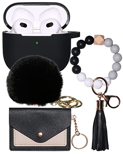 4-in-1 for AirPods 3 Case Cover Accessories Set Kit, Cute for AirPod 3rd Generation Case Skin with Fur Ball Pompom/Wristlet Bracelet Keychain/Credit Card Holder Purse for Women and Girls Black