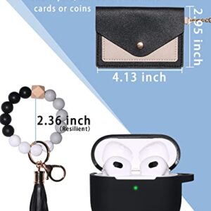 4-in-1 for AirPods 3 Case Cover Accessories Set Kit, Cute for AirPod 3rd Generation Case Skin with Fur Ball Pompom/Wristlet Bracelet Keychain/Credit Card Holder Purse for Women and Girls Black