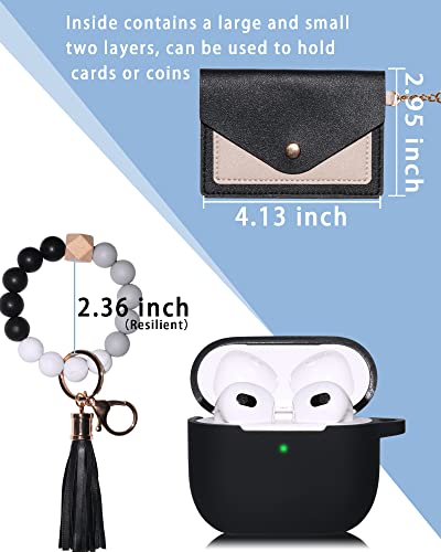 4-in-1 for AirPods 3 Case Cover Accessories Set Kit, Cute for AirPod 3rd Generation Case Skin with Fur Ball Pompom/Wristlet Bracelet Keychain/Credit Card Holder Purse for Women and Girls Black