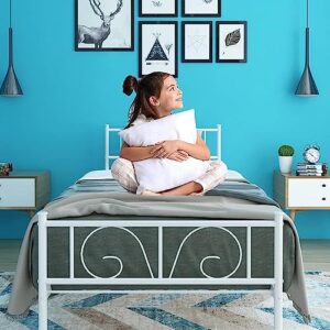 Twin Bed Frames White with Storage for Girls Boys Adults, No Box Spring Needed Single Platform Bed Duty Metal Slats Support Mattress Foundation with Headboard