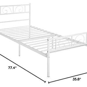 Twin Bed Frames White with Storage for Girls Boys Adults, No Box Spring Needed Single Platform Bed Duty Metal Slats Support Mattress Foundation with Headboard