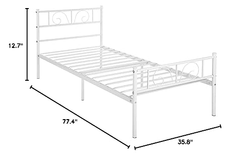 Twin Bed Frames White with Storage for Girls Boys Adults, No Box Spring Needed Single Platform Bed Duty Metal Slats Support Mattress Foundation with Headboard