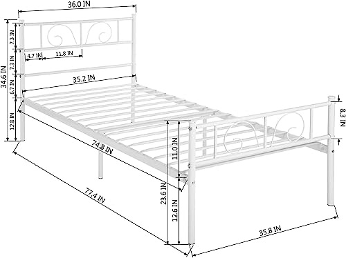 Twin Bed Frames White with Storage for Girls Boys Adults, No Box Spring Needed Single Platform Bed Duty Metal Slats Support Mattress Foundation with Headboard