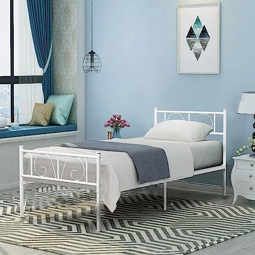 Twin Bed Frames White with Storage for Girls Boys Adults, No Box Spring Needed Single Platform Bed Duty Metal Slats Support Mattress Foundation with Headboard