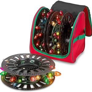 Premium Christmas Light Storage Bag – Heavy Duty Tear Proof 600D/Inside PVC Material with Reinforced Handles - With 3 Reels Stores up to 375 Ft of Mini Christmas Tree Lights & Extension Cords - Red