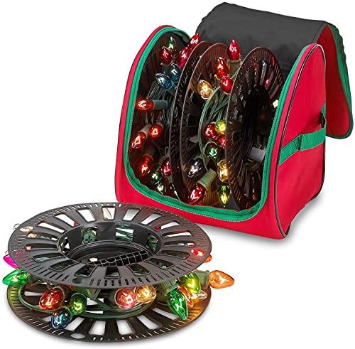 Premium Christmas Light Storage Bag – Heavy Duty Tear Proof 600D/Inside PVC Material with Reinforced Handles - With 3 Reels Stores up to 375 Ft of Mini Christmas Tree Lights & Extension Cords - Red