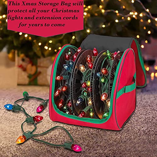 Premium Christmas Light Storage Bag – Heavy Duty Tear Proof 600D/Inside PVC Material with Reinforced Handles - With 3 Reels Stores up to 375 Ft of Mini Christmas Tree Lights & Extension Cords - Red