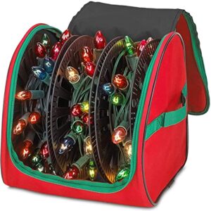 Premium Christmas Light Storage Bag – Heavy Duty Tear Proof 600D/Inside PVC Material with Reinforced Handles - With 3 Reels Stores up to 375 Ft of Mini Christmas Tree Lights & Extension Cords - Red