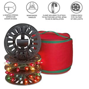 Premium Christmas Light Storage Bag – Heavy Duty Tear Proof 600D/Inside PVC Material with Reinforced Handles - With 3 Reels Stores up to 375 Ft of Mini Christmas Tree Lights & Extension Cords - Red