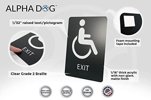 ALPHA DOG Handicap Exit Sign with Braille - ADA Compliant Tactile Exit Sign with Grade 2 Contracted Braille and Raised Text, 8x6 inch, UV Stable for Indoor or Outdoor Use, Made in the USA