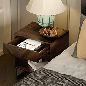 ODIKA Walnut Nightstand with 1 Upper Drawer, Enclosed Bottom, Bedside Table, 1 Unit - Modern Nightstand, Small Side Table with Storage, Living Room Tables, End Table, Walnut/Black