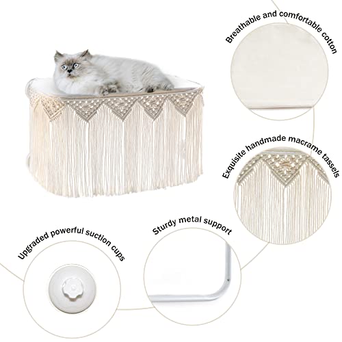 Mkono Macrame Cat Window Perch Hammock for Indoor Cats Boho Cat Window Bed with Woven Tassle Lower Iron Support Sunbathing Pet Resting Seat Safely Space Saving Swing Shelf Kitty Gift Idea