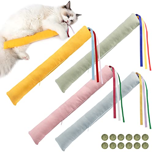 MEWTOGO 4 Pcs Cat Kicker Toy with Ribbon - Cat Toys with 12 Natural Catnip Balls and Zipper, Interactive Cat Kick Sticks Chew Toy, Ideal Cat Gift for Indoor Kitten Playing