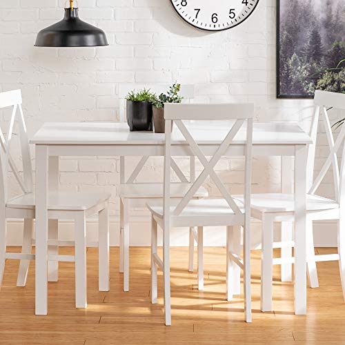 Walker Edison 4 Person Modern Farmhouse Wood Small Dining Table Dining Room Kitchen Table Set Dining 4 Chairs Set, 48 Inch, White & Buren Classic Grooved Door TV Stand, Solid White