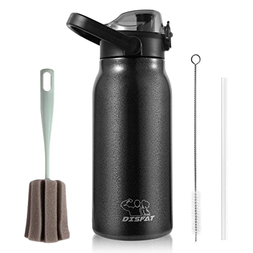 With Straw Water Bottle, 44 oz Vacuum Insulated Sports Water Bottle, can hold hot water for 12h and cold water for 24h, reusable, double wall vacuum mug water bottle（BIACK）