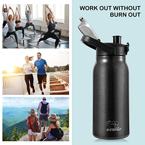 With Straw Water Bottle, 44 oz Vacuum Insulated Sports Water Bottle, can hold hot water for 12h and cold water for 24h, reusable, double wall vacuum mug water bottle（BIACK）