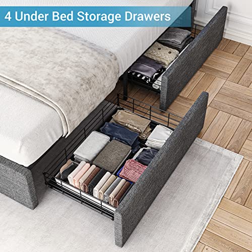 Tiptiper Queen Bed Frame with 2 USB Charging Station, Bed with LED Lights and Drawers,Queen Platform Bed Frame with Adjustable LED Headboard,Easy Assembly, No Box Spring Needed, Dark Grey