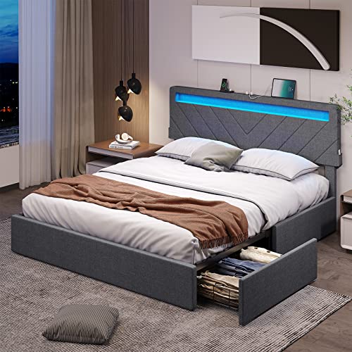 Tiptiper Queen Bed Frame with 2 USB Charging Station, Bed with LED Lights and Drawers,Queen Platform Bed Frame with Adjustable LED Headboard,Easy Assembly, No Box Spring Needed, Dark Grey