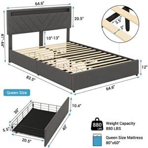 Tiptiper Queen Bed Frame with 2 USB Charging Station, Bed with LED Lights and Drawers,Queen Platform Bed Frame with Adjustable LED Headboard,Easy Assembly, No Box Spring Needed, Dark Grey