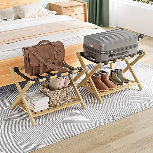 Smuxee Fully Assembled Luggage Rack Pack of 2, Upgraded Bamboo Foldable Suitcase Stand with 5 Nylon Straps, Luggage Holder with Shelf for Guest Room Bedroom Hotel (Nature Luggage Rack 2pcs)