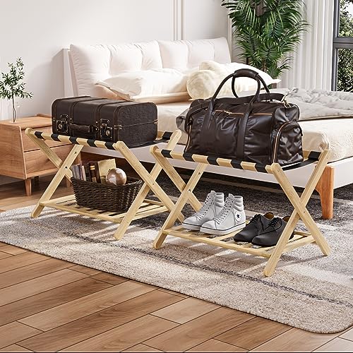 Smuxee Fully Assembled Luggage Rack Pack of 2, Upgraded Bamboo Foldable Suitcase Stand with 5 Nylon Straps, Luggage Holder with Shelf for Guest Room Bedroom Hotel (Nature Luggage Rack 2pcs)